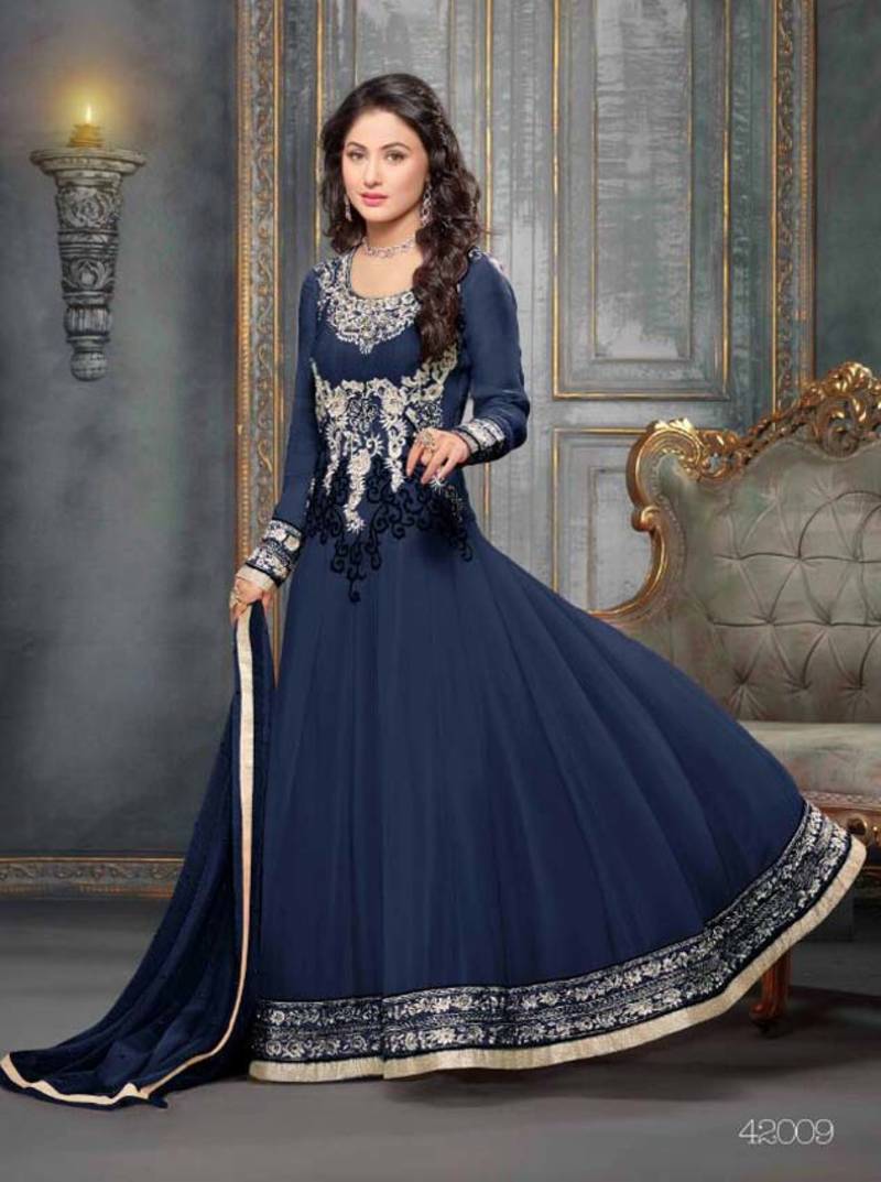 Blue embroidered georgette semi-stitched salwar with dupatta - RKT - 375325