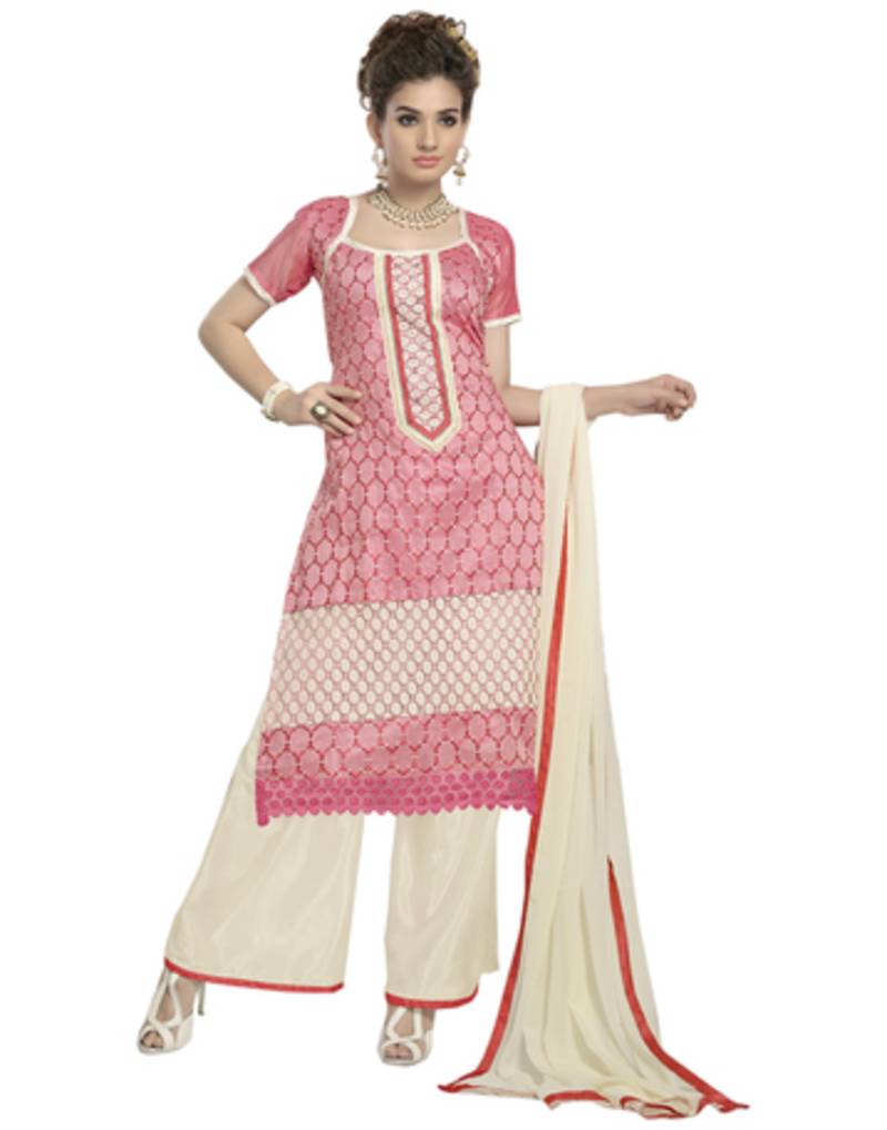 Pink & White embroidered chanderi semi-stitched salwar with dupatta ...