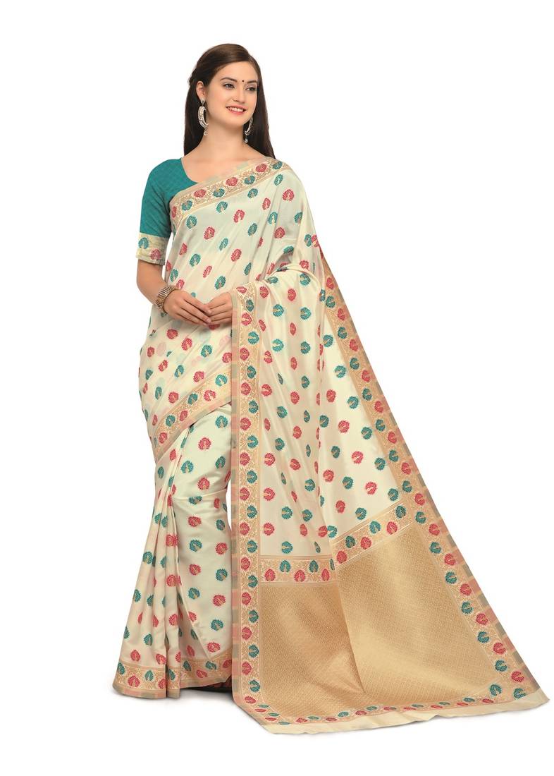 Off-white printed paithani silk saree with blouse - THIYA - 2780726