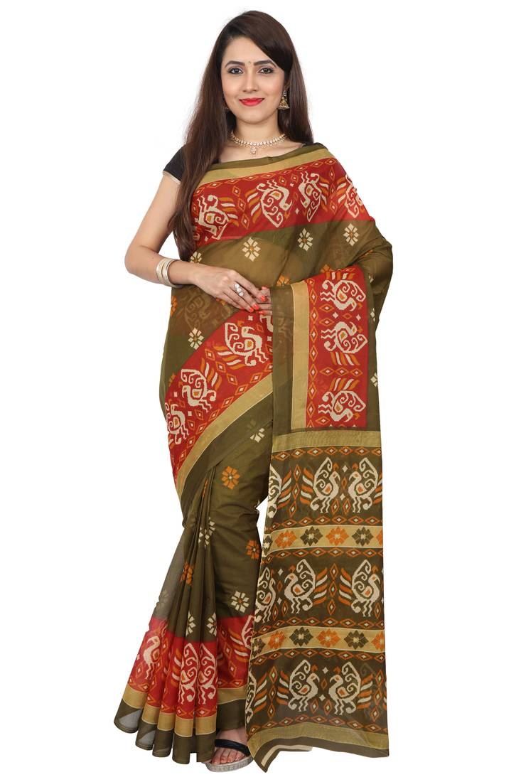 Green printed polycotton saree with blouse - Luvberry - 2782859