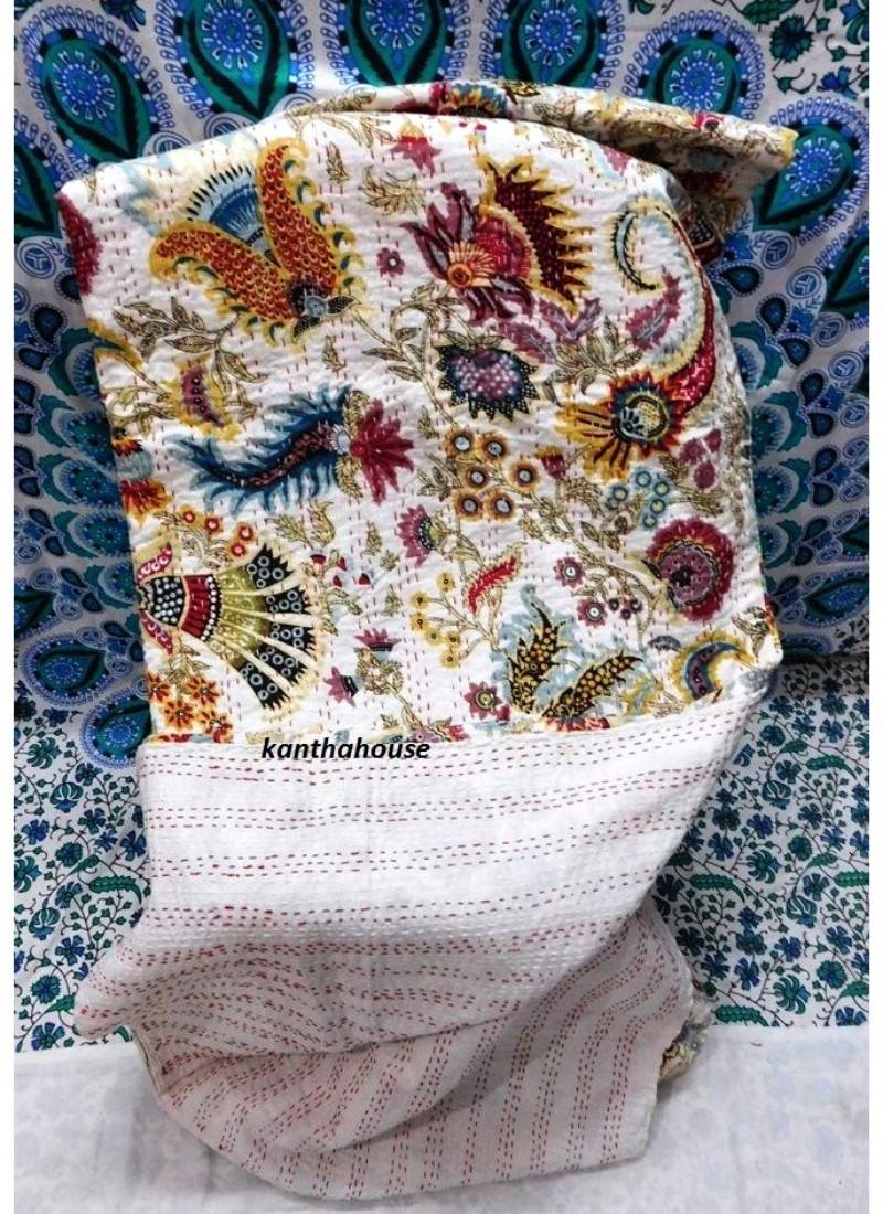 Kantha Quilt Indian Handmade Mukut White Print Bedspread Cotton Blanket ...