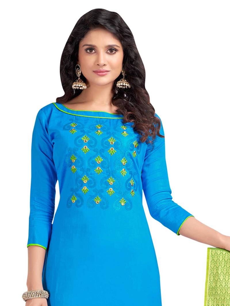 Sky-Blue Thread Embroidery Cotton Semi Stitched Salwar With Dupatta ...