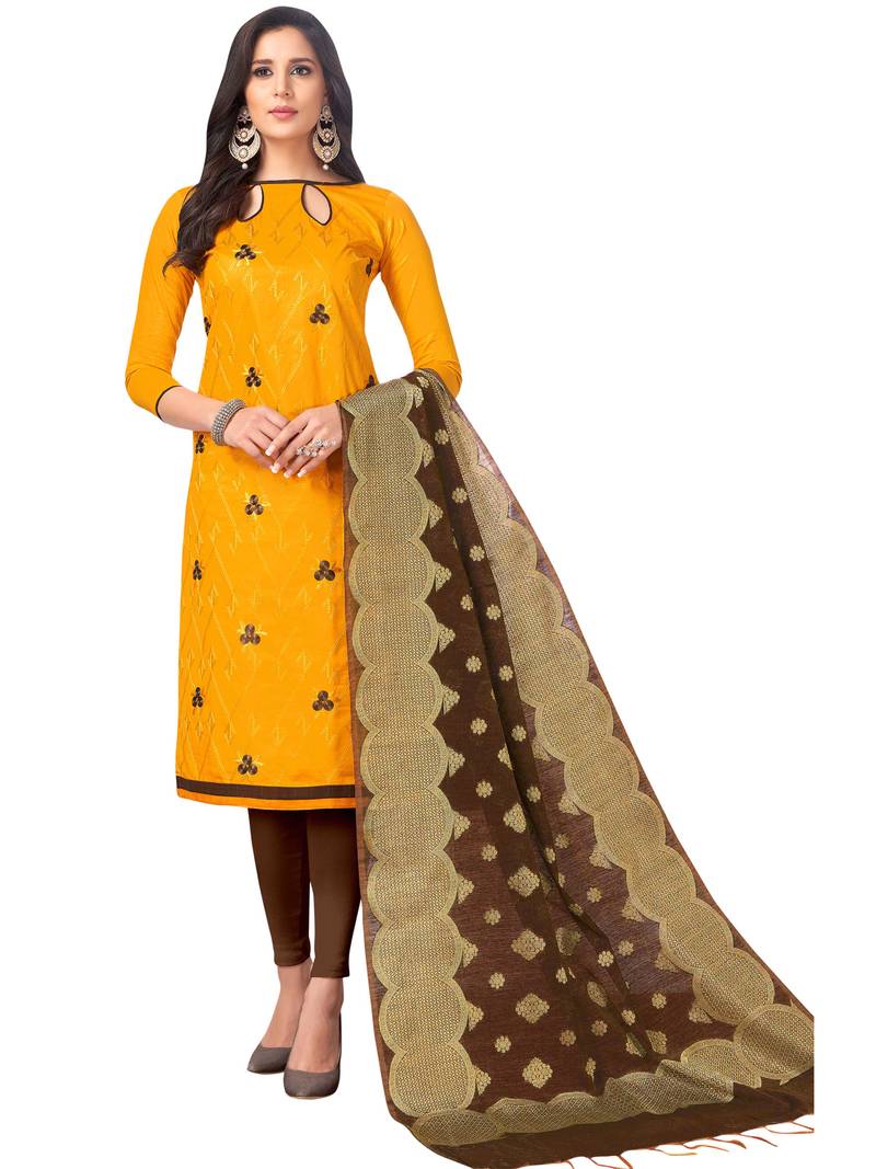 Yellow Thread Embroidery Cotton Semi Stitched Salwar With Dupatta ...
