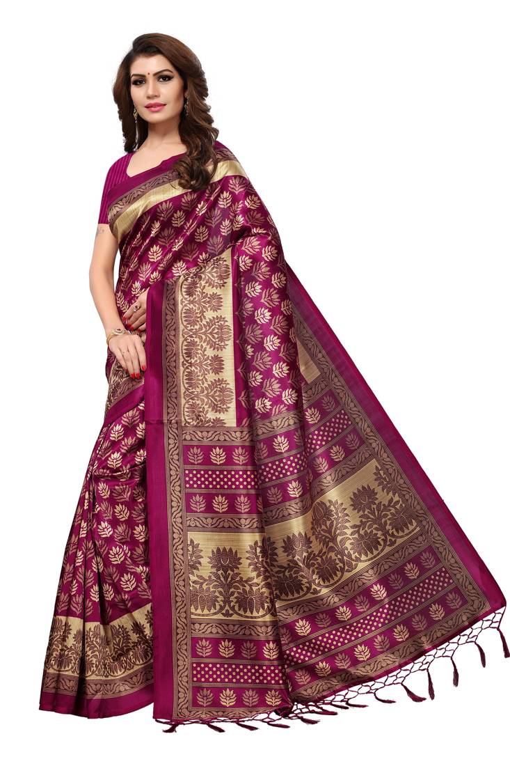 Magenta printed art silk sarees saree with blouse - Blissta - 2788112