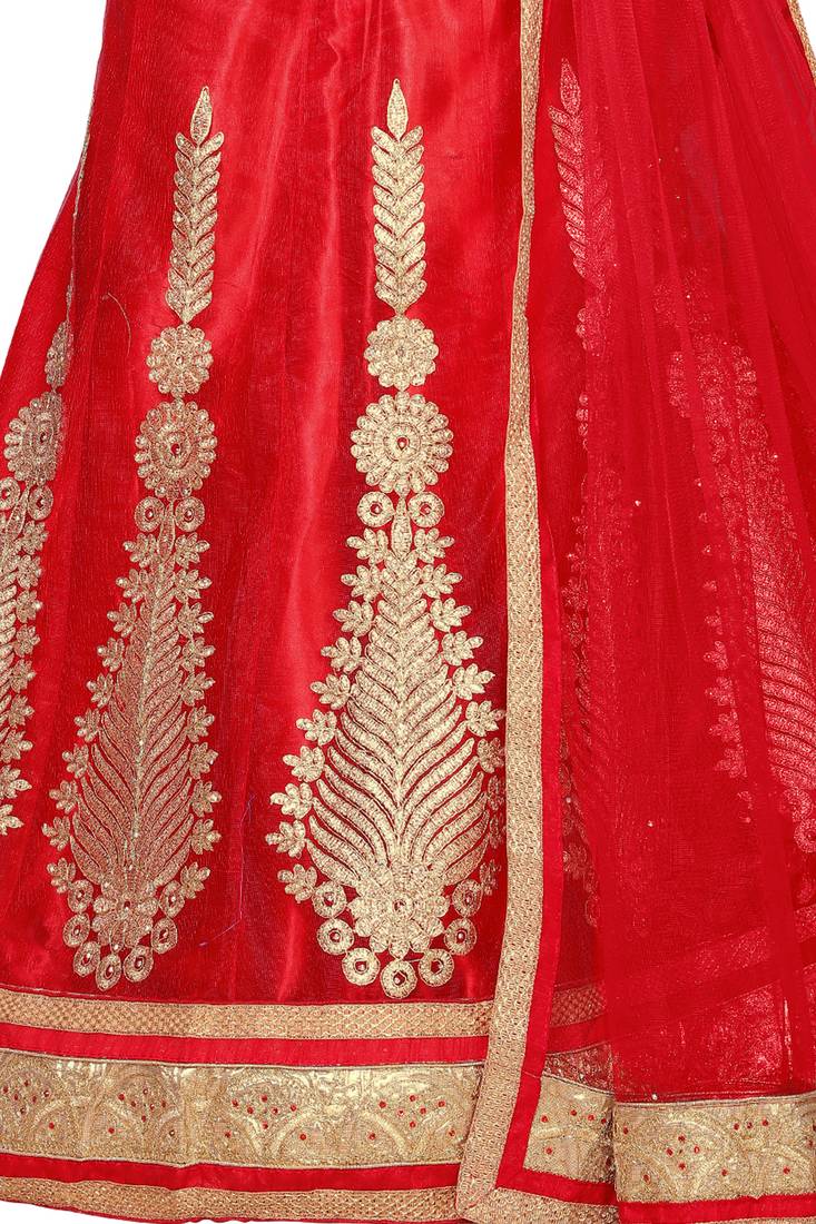 Red Colour Fancy Multi Zari Embrodiery Net Sattin Fabric Lehenga With ...