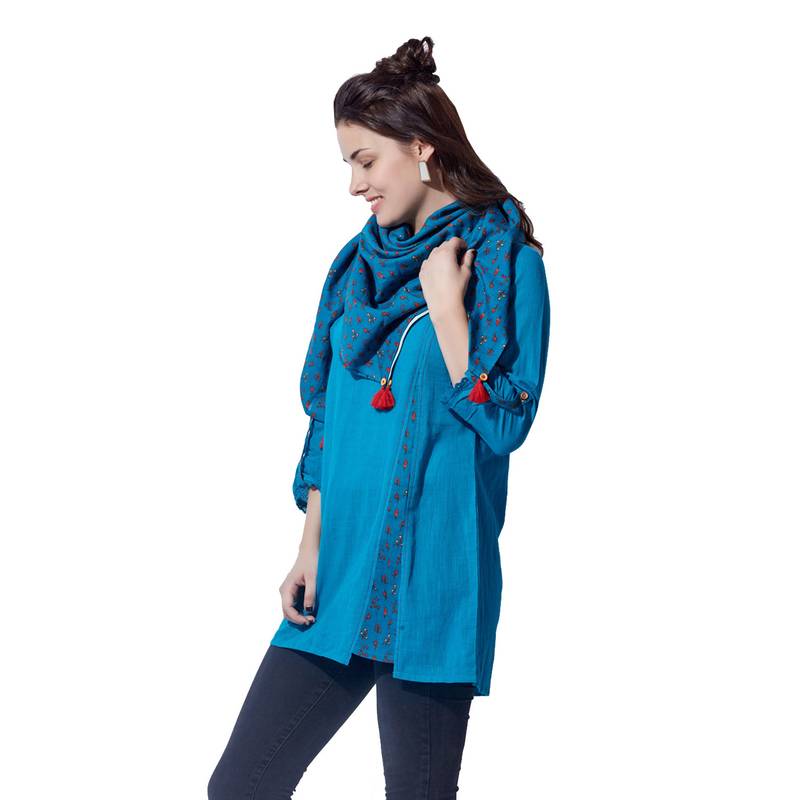 Turquoise printed cotton long top - BKind - 2791463