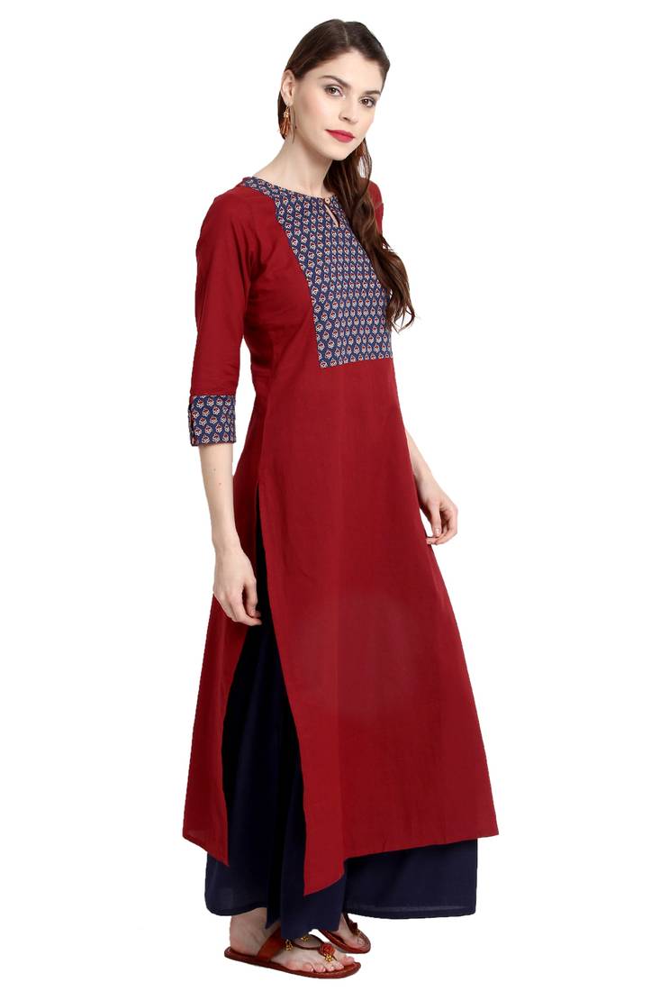 Janasya Maroon printed cotton kurti - Janasya - 2794561