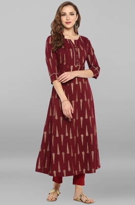 Maroon printed cotton kurti - Janasya - 2794743
