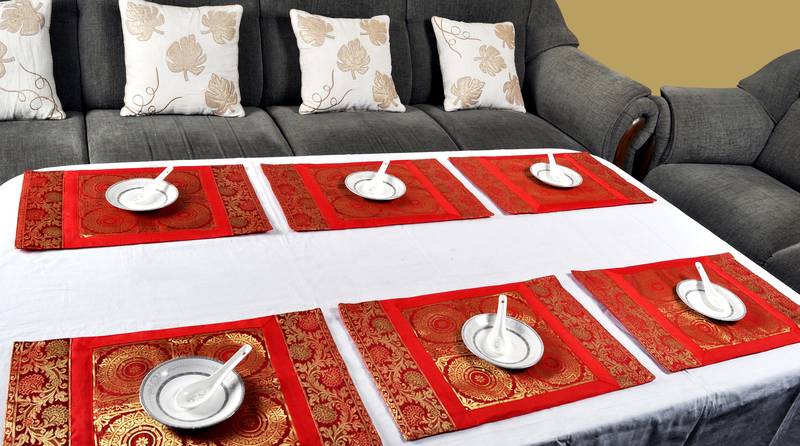 Lal Haveli Red Golden Work Dining Table Mat Set of 6 silk Placemats Set ...