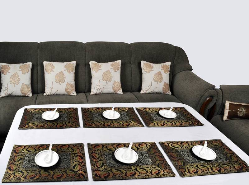 Lal Haveli Golden Banarsi silk Fabric Made Dining Table Mat Set of 6 ...