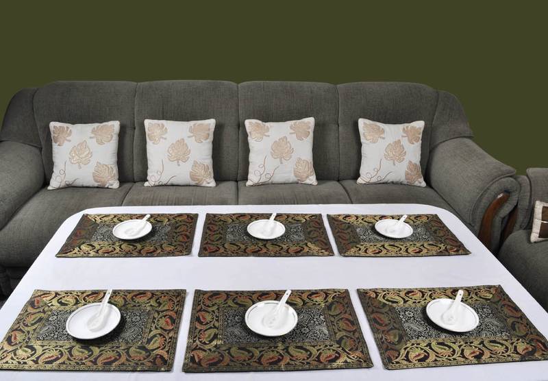 Lal Haveli Golden Banarsi silk Fabric Made Dining Table Mat Set of 6 ...