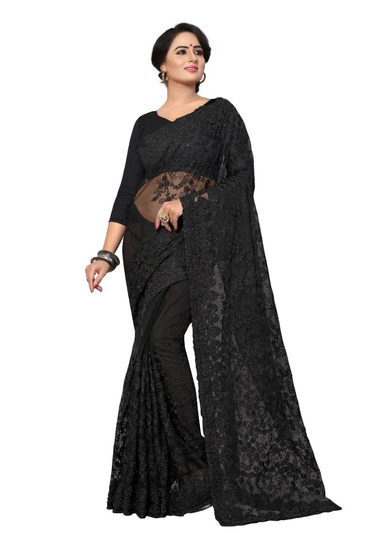 Black embroidered net saree with blouse - Ankit Fashions - 2800698