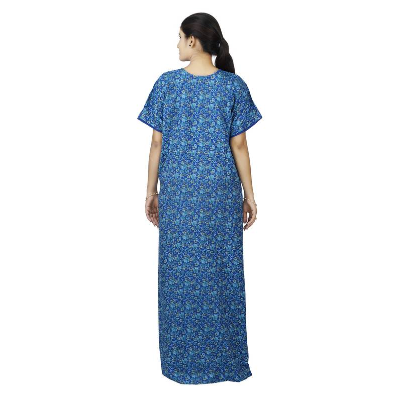 Blue colour Floral Design Printed Round Neck Poly Cotton Nighty For ...