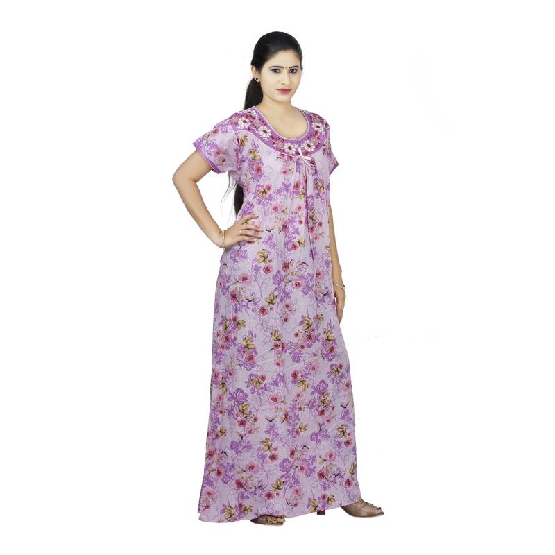 Purple colour Floral Design Printed Round Neck Poly Cotton Nighty For ...