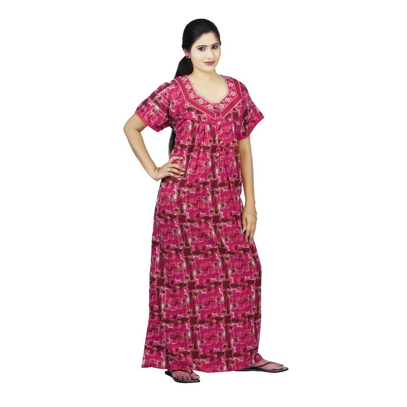 Pink colour Abstract Design Printed Square Neck Poly Cotton Nighty For ...