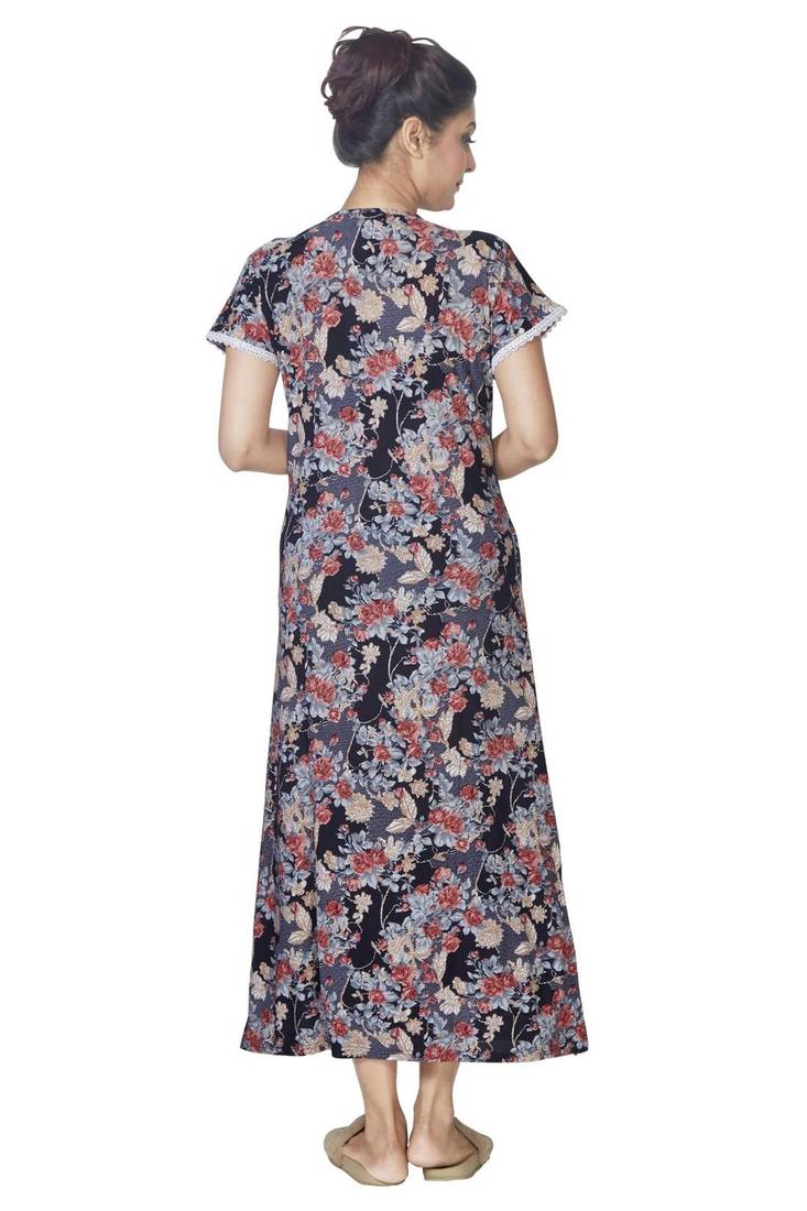 IMJI Nightwear Blue Floral Printed Knitted Long Nighty With Pocket For ...