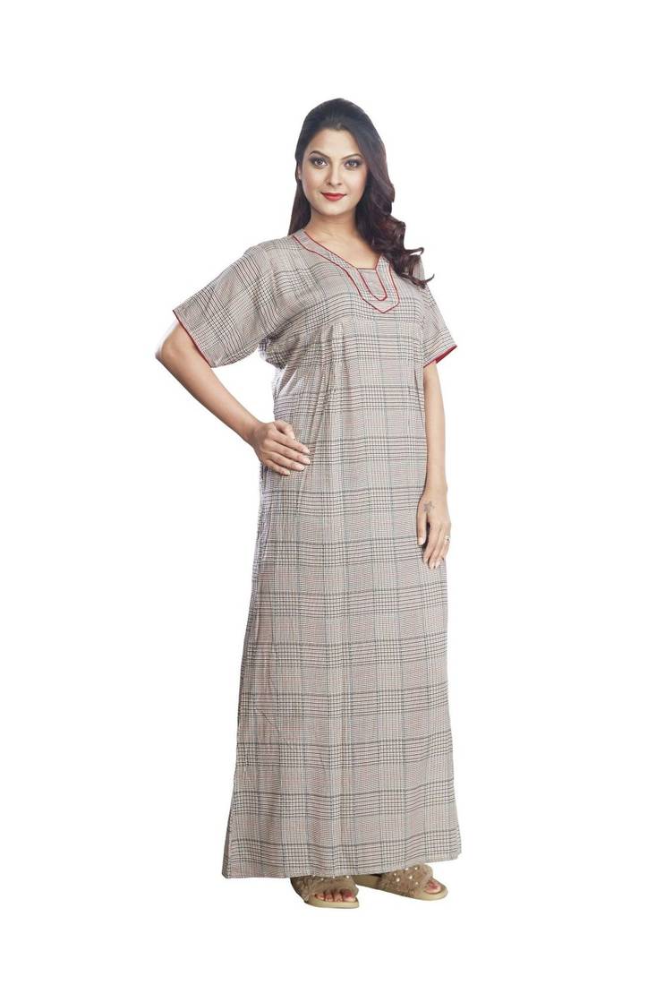 IMJI Nightwear Beige Checks Rayon Long Nighty For Women - IMJI ...