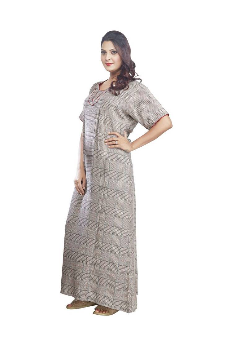 IMJI Nightwear Beige Checks Rayon Long Nighty For Women - IMJI ...