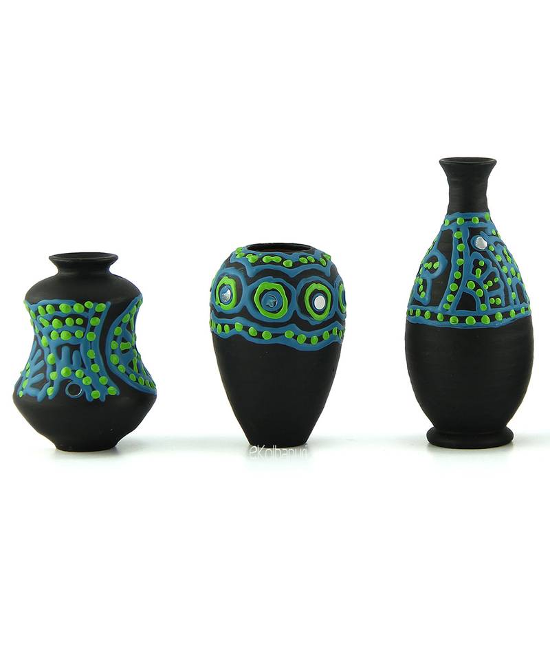 Handmade 3D Work Mini Three Show Piece Terracotta Pot Set Idols And ...