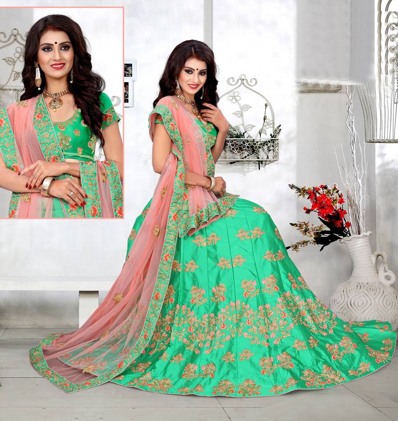Cyan thread embroidery silk semi stitched lehenga - ZELLY - 2812403