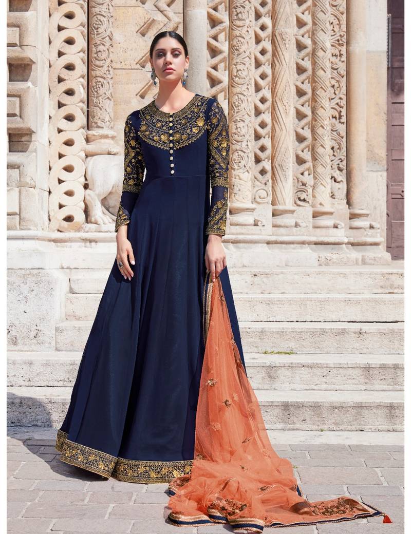 Navy Blue Georgette Semi Stitch Salwar Kameez - Lilots - 2814609