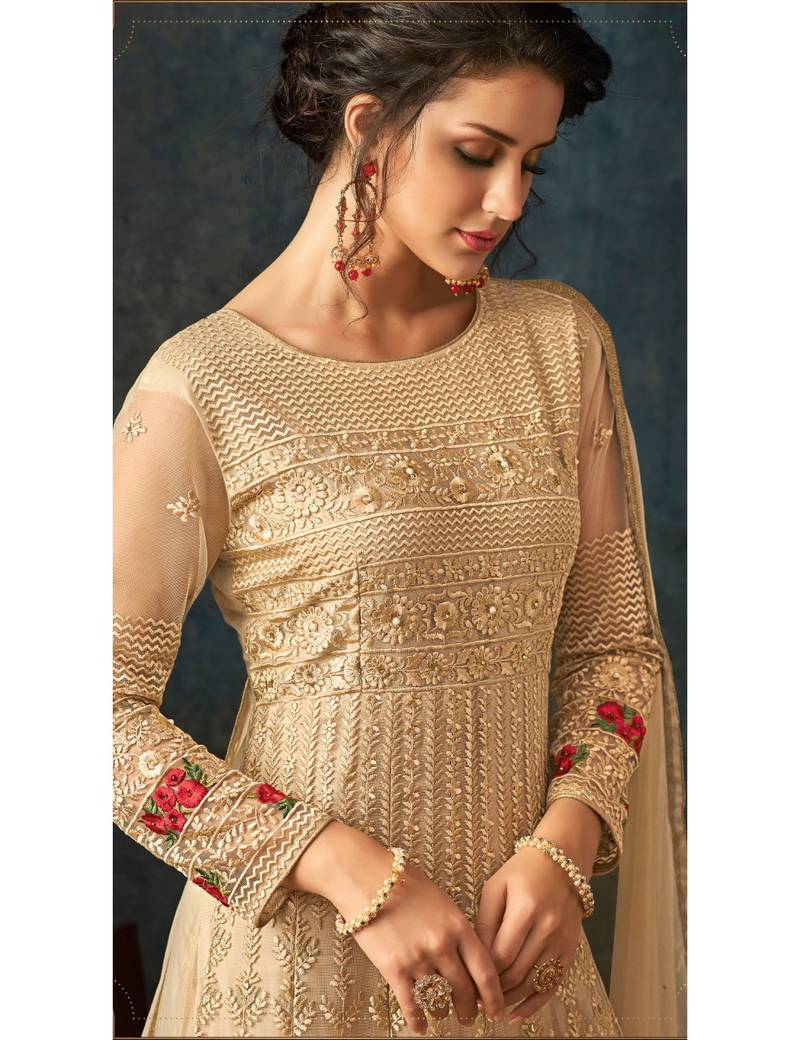 Cream Net Semi Stitch Salwar Kameez - Lilots - 2814613