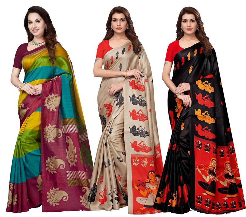 Multicolor printed poly silk combo saree with blouse - Ishin - 2816329