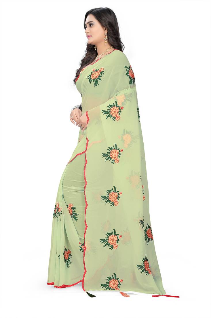Light Green Plain Georgette Saree With Blouse - RIVA ENTERPRISE - 2816968