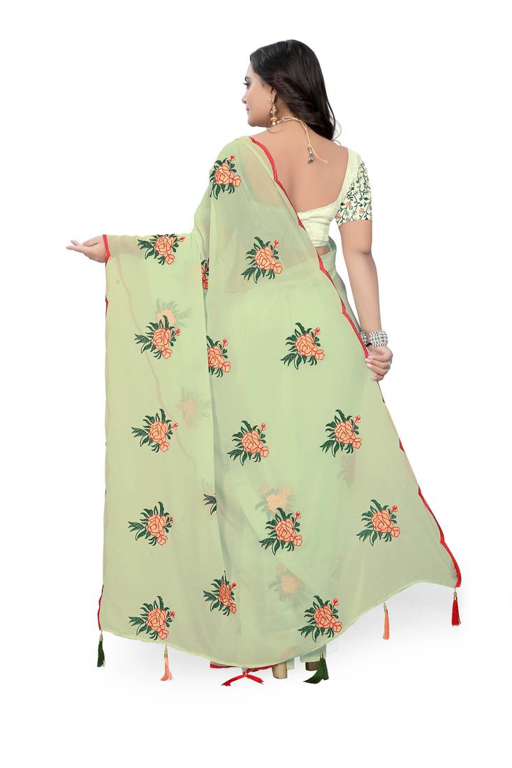 Light Green Plain Georgette Saree With Blouse - RIVA ENTERPRISE - 2816968