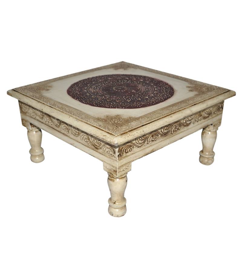 Lal Haveli Elegant Handmade Bajot Table for Puja Room White Color 11 x ...