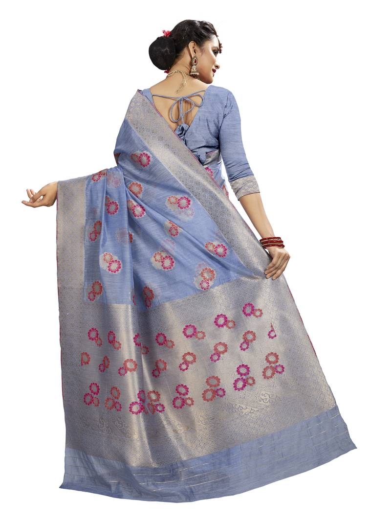 Blue woven linen and nylon saree with blouse - Jhabroo - 2823988