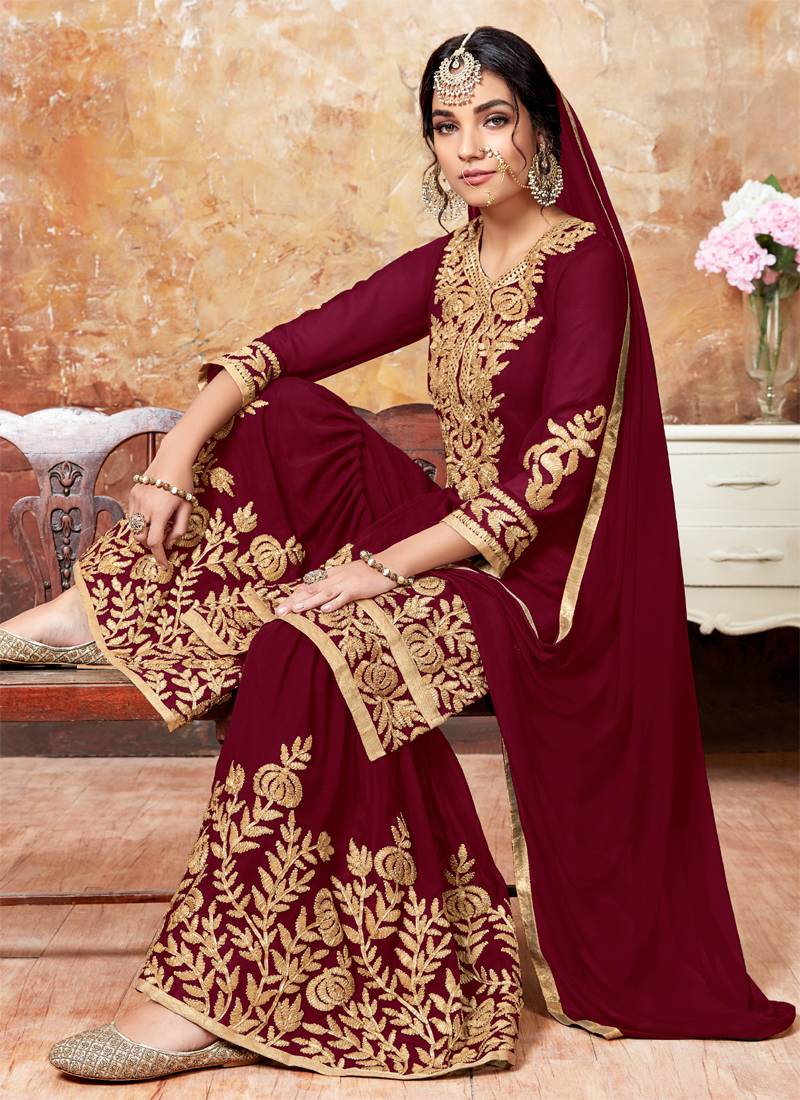 Maroon embroidered faux georgette salwar with dupatta - Monjolika - 2828802