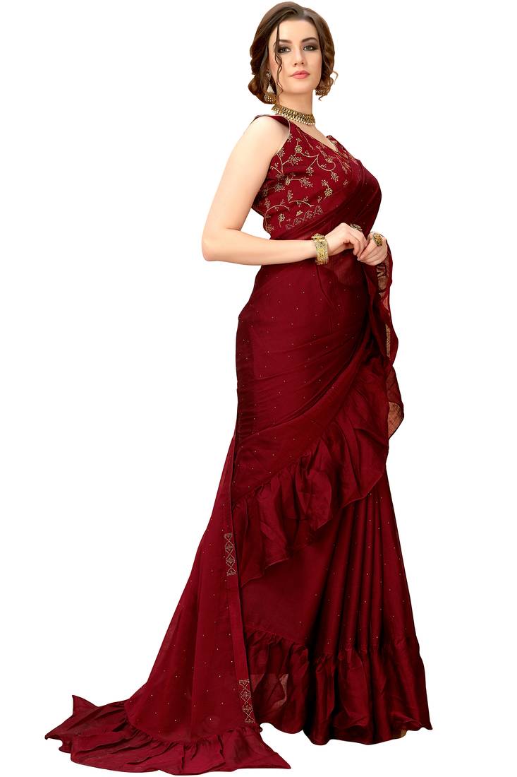 Maroon embroidered chiffon ruffle saree with blouse - GLORY SAREES ...