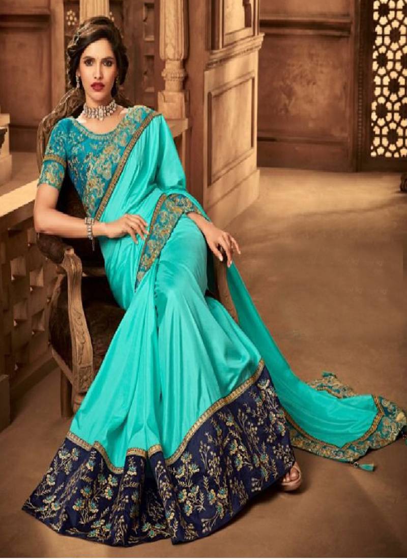 Sky blue embroidered art silk saree with blouse - Monjolika - 2832222