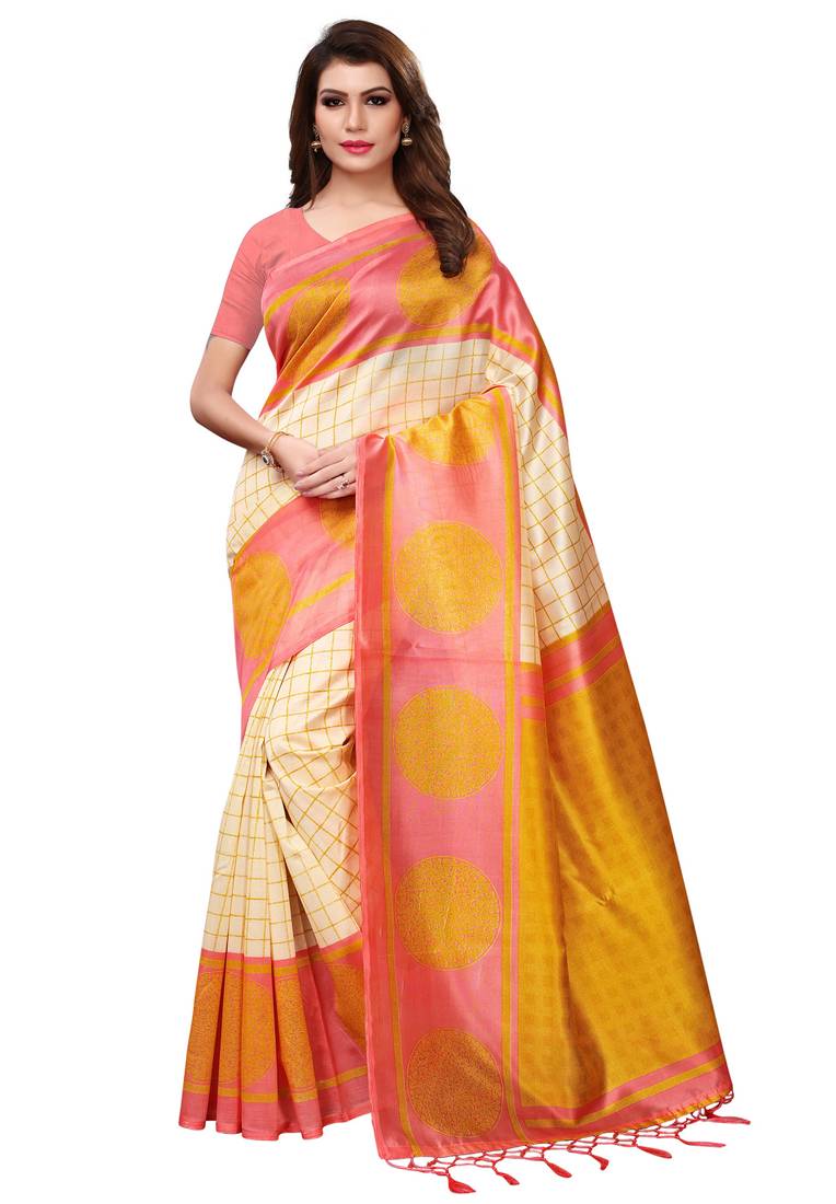 Cream And Peach Printed Mysore Silk With Jhalor Saree With Blouse - Om ...