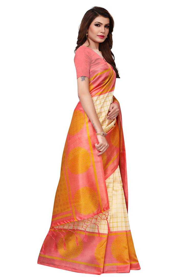 Cream And Peach Printed Mysore Silk With Jhalor Saree With Blouse - Om ...