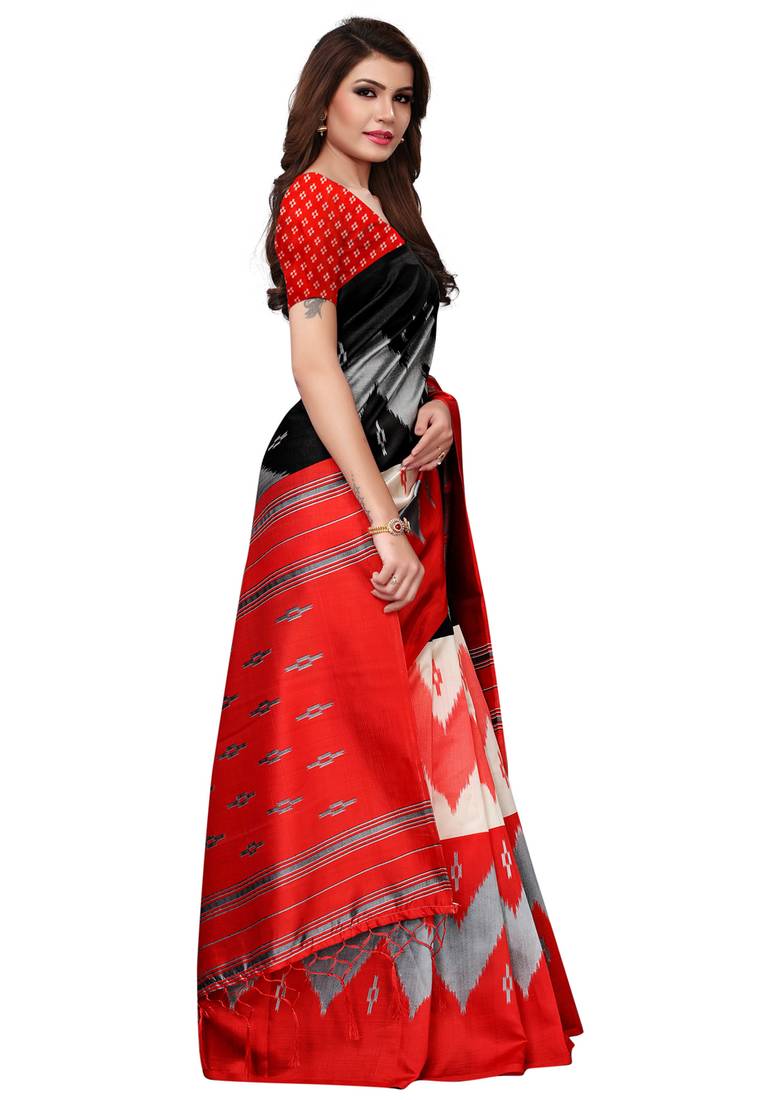 Black And Red Printed Mysore Silk With Jhalor Saree With Blouse - Om ...