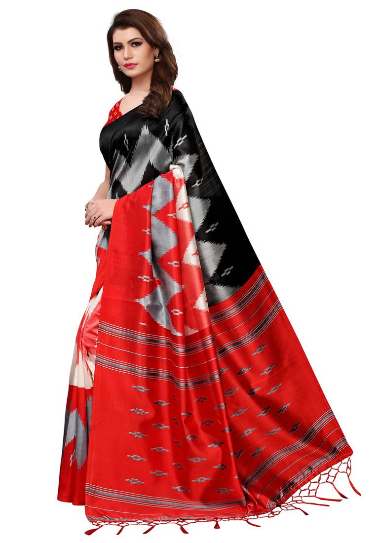 Black And Red Printed Mysore Silk With Jhalor Saree With Blouse - Om ...