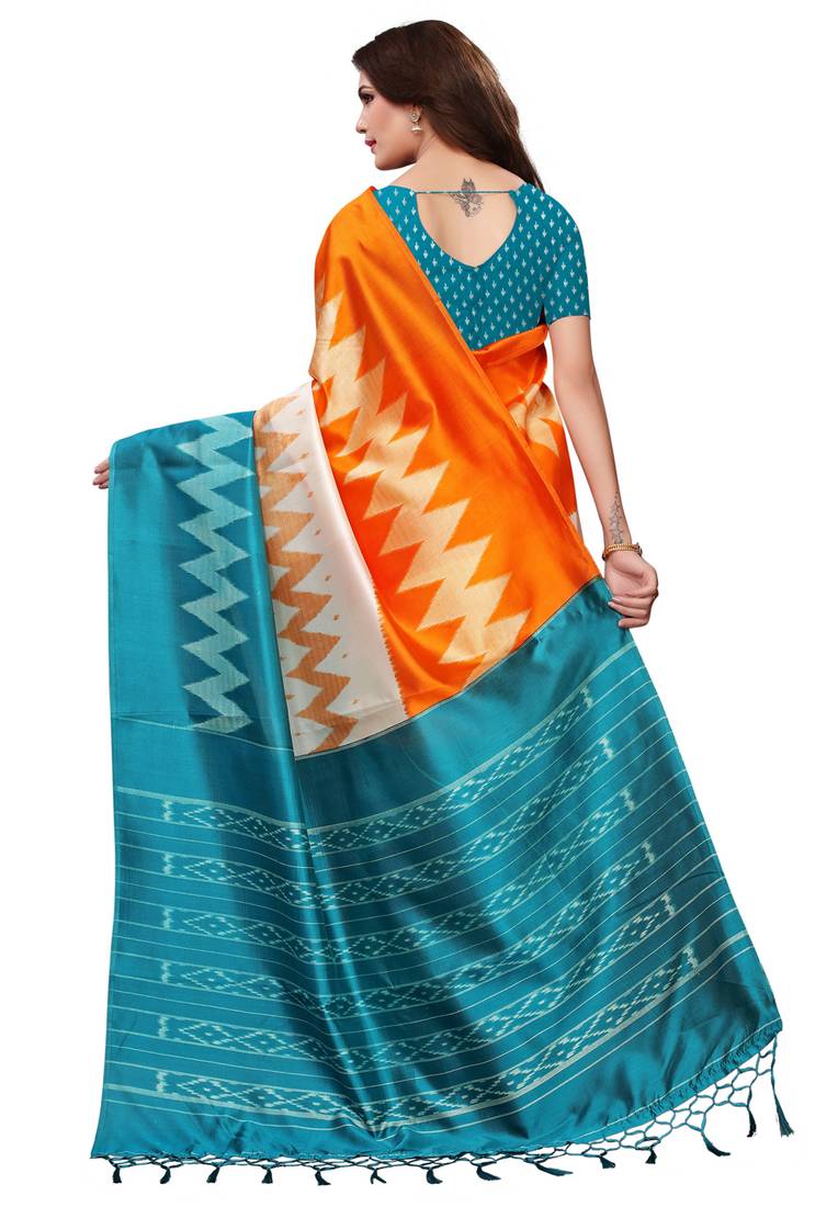 Orange And Blue Printed Mysore Silk With Jhalor Saree With Blouse - Om ...