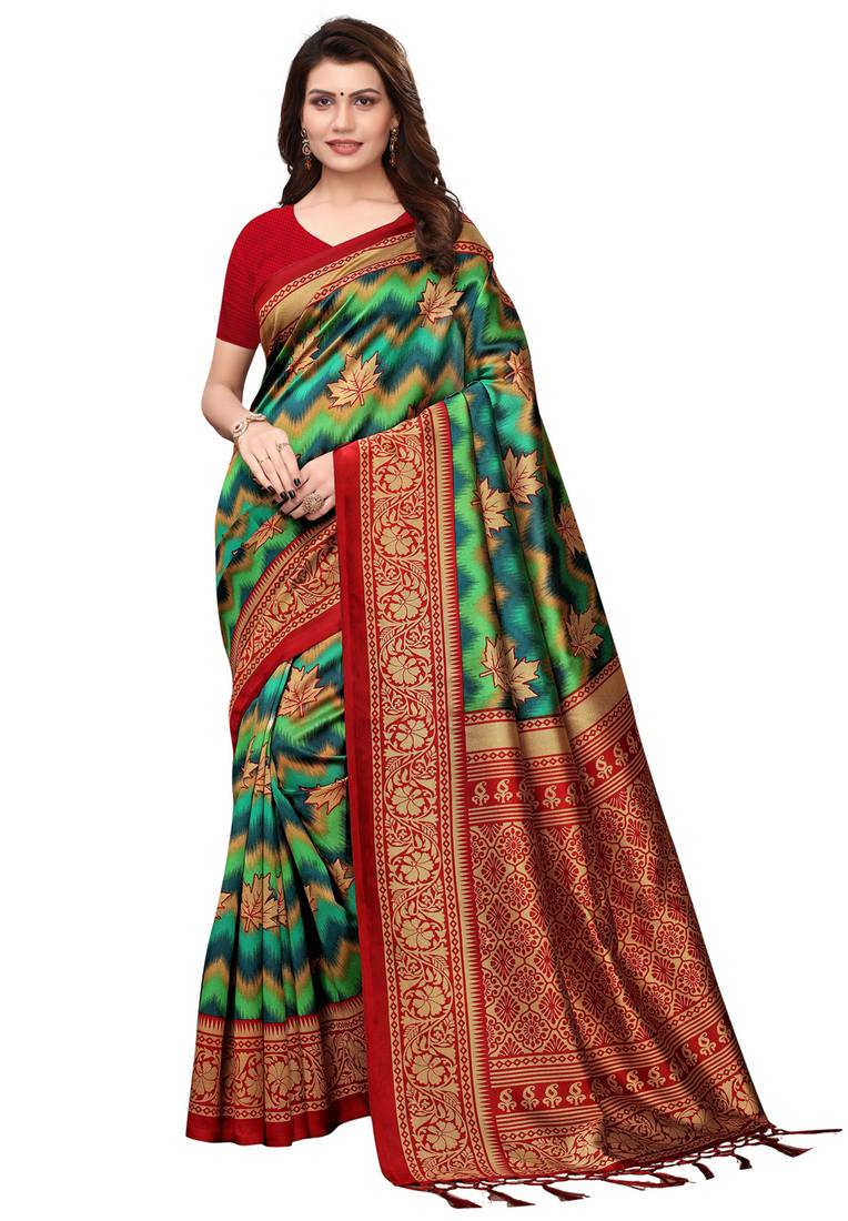 Green And Red Printed Mysore Silk With Jhalor Saree With Blouse - Om ...