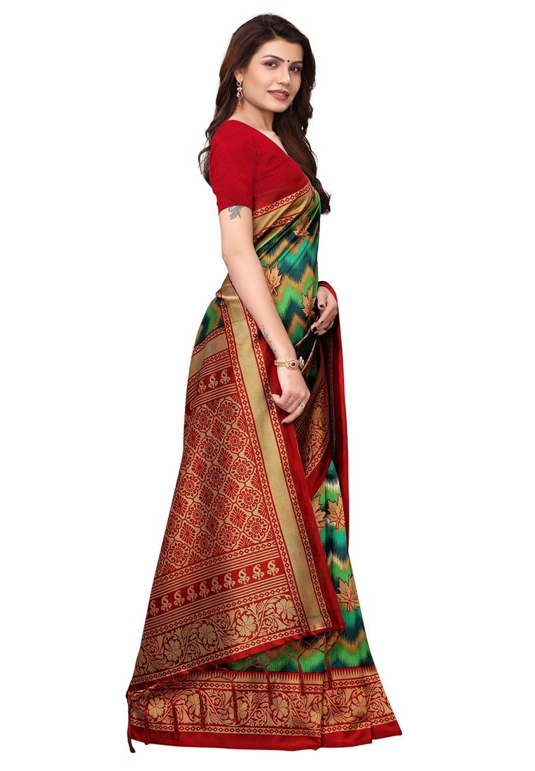 Green And Red Printed Mysore Silk With Jhalor Saree With Blouse - Om ...