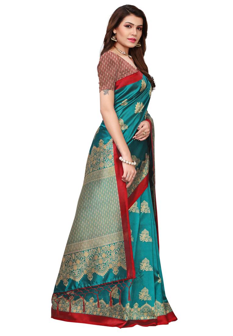 Turquoise And Red Printed Mysore Silk With Jhalor Saree With Blouse ...