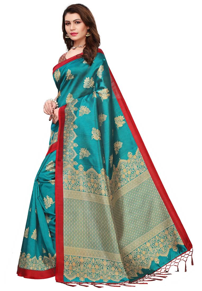 Turquoise And Red Printed Mysore Silk With Jhalor Saree With Blouse ...