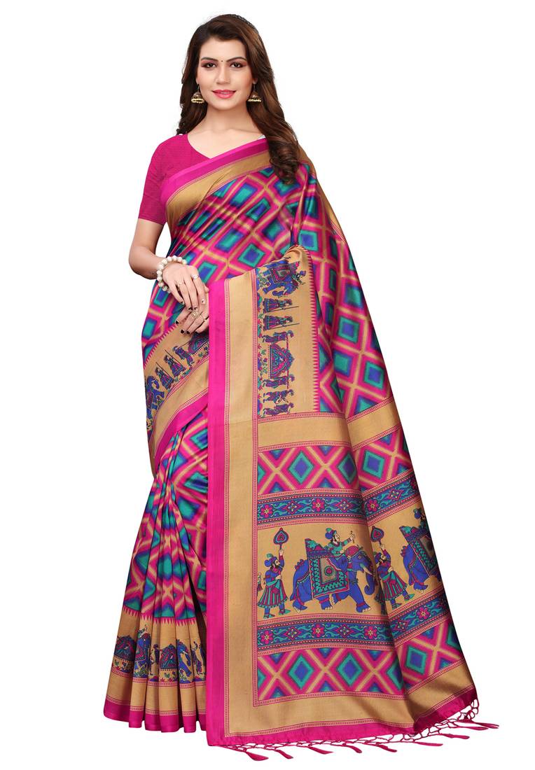 Pink And Blue Printed Mysore Silk With Jhalor Saree With Blouse - Om ...
