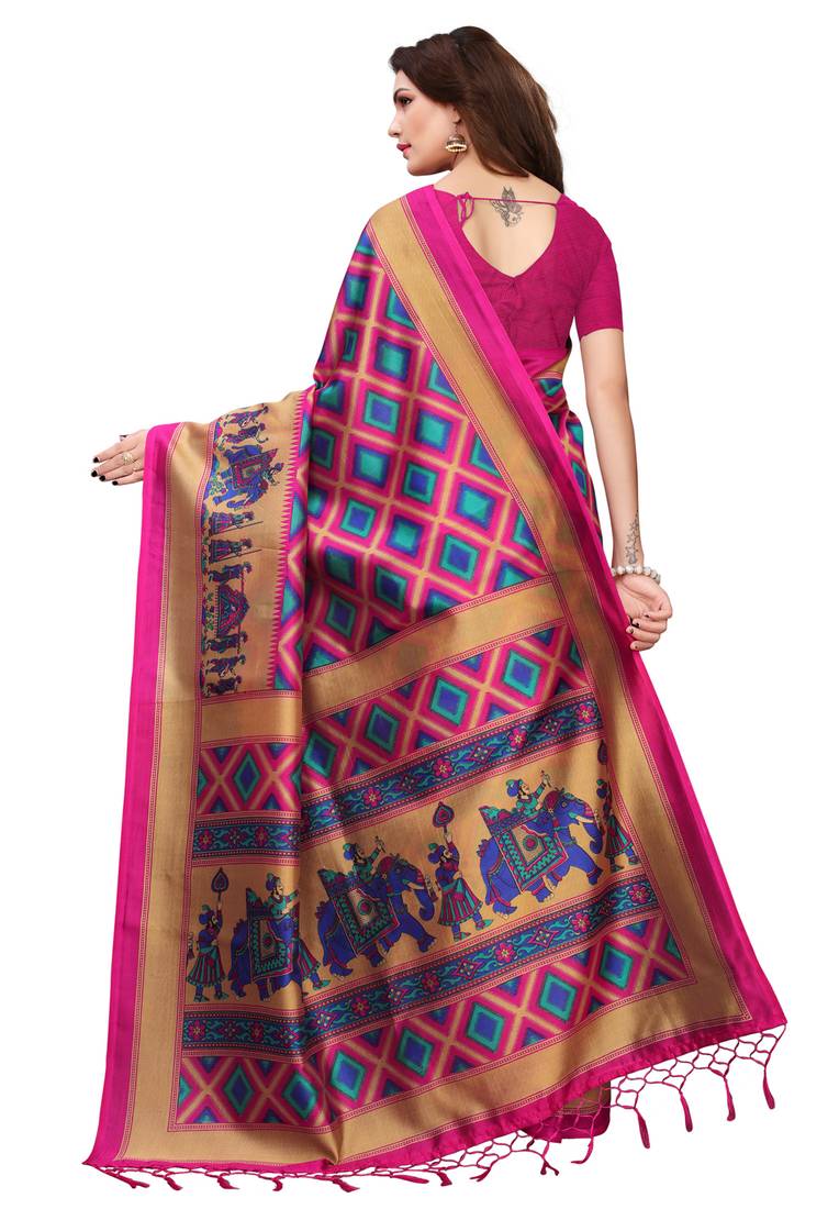 Pink And Blue Printed Mysore Silk With Jhalor Saree With Blouse - Om ...