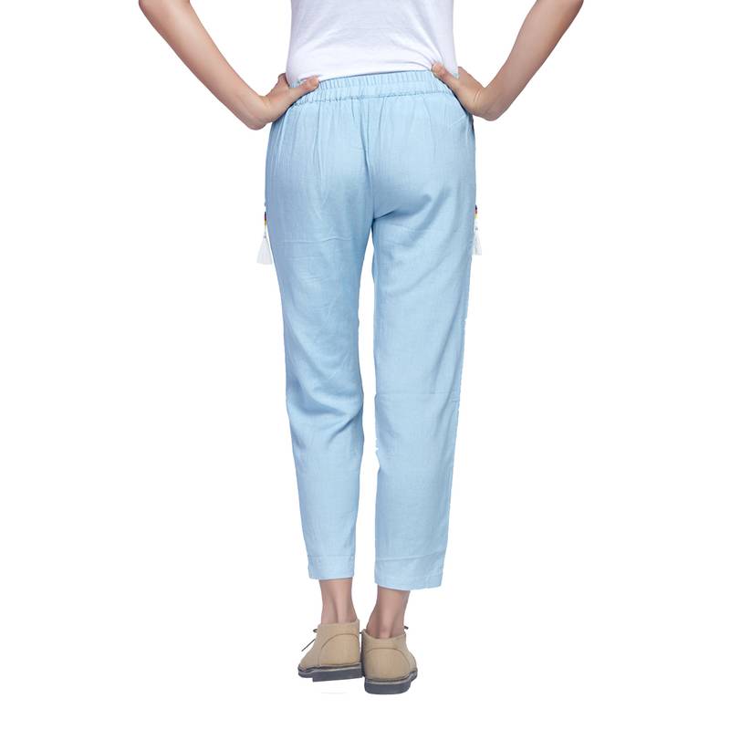 BKind Solid Light Blue Viscose Rayon Trousers for Women - BKind - 2833077