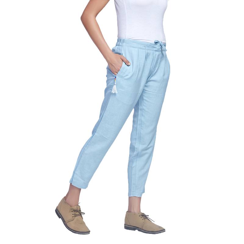 BKind Solid Light Blue Viscose Rayon Trousers for Women - BKind - 2833077
