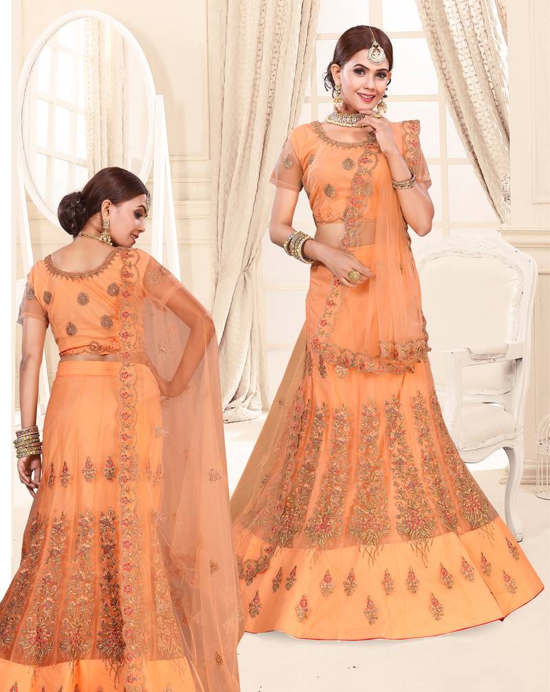 Peach Embroidered Net Semi Stitched Lehenga With Dupatta - V SALES ...