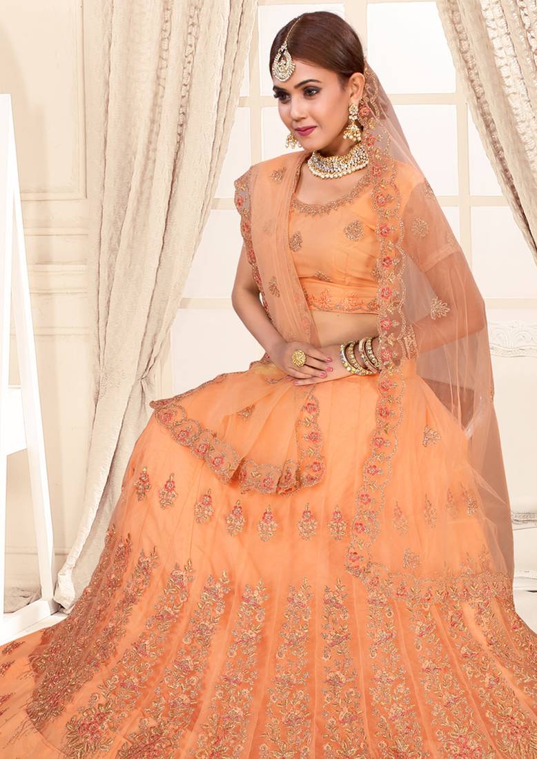Peach Embroidered Net Semi Stitched Lehenga With Dupatta - V SALES ...