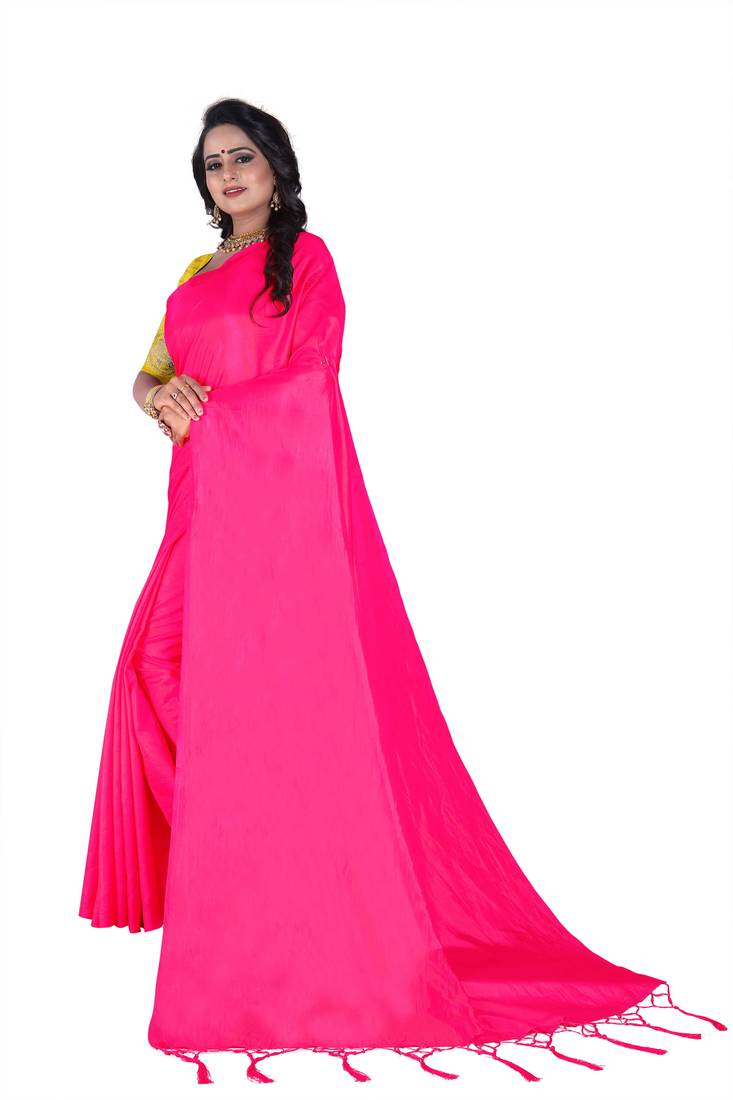 Pink plain paper cotton saree with blouse - Villagius - 2835053